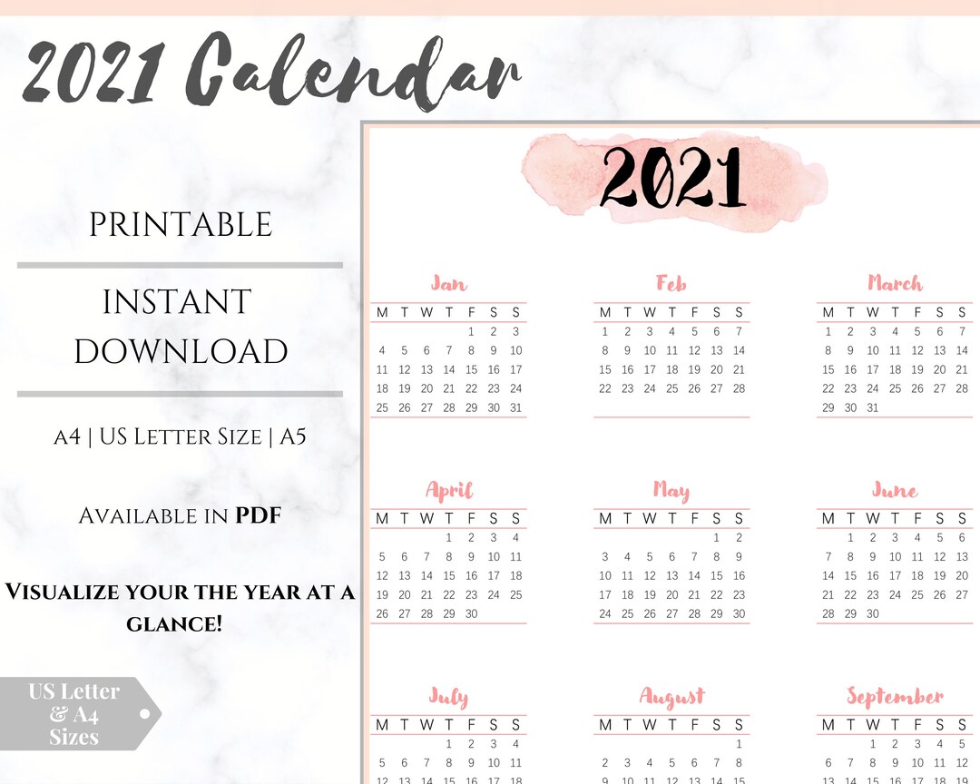 2021 Wall Desk Calendar Printable 12 Month Calendar 2021 Planner Yearly Annual Wall Calendar Year on One Page at a Glance Minimalist Etsy