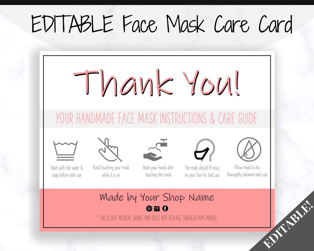 EDITABLE Face Mask Label Care Card, THANK YOU for Your Order Card, Face ...