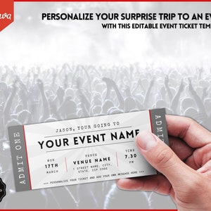 Event Ticket Template, EDITABLE DIY Event Printable, Surprise Getaway, Invitation, Christmas ...