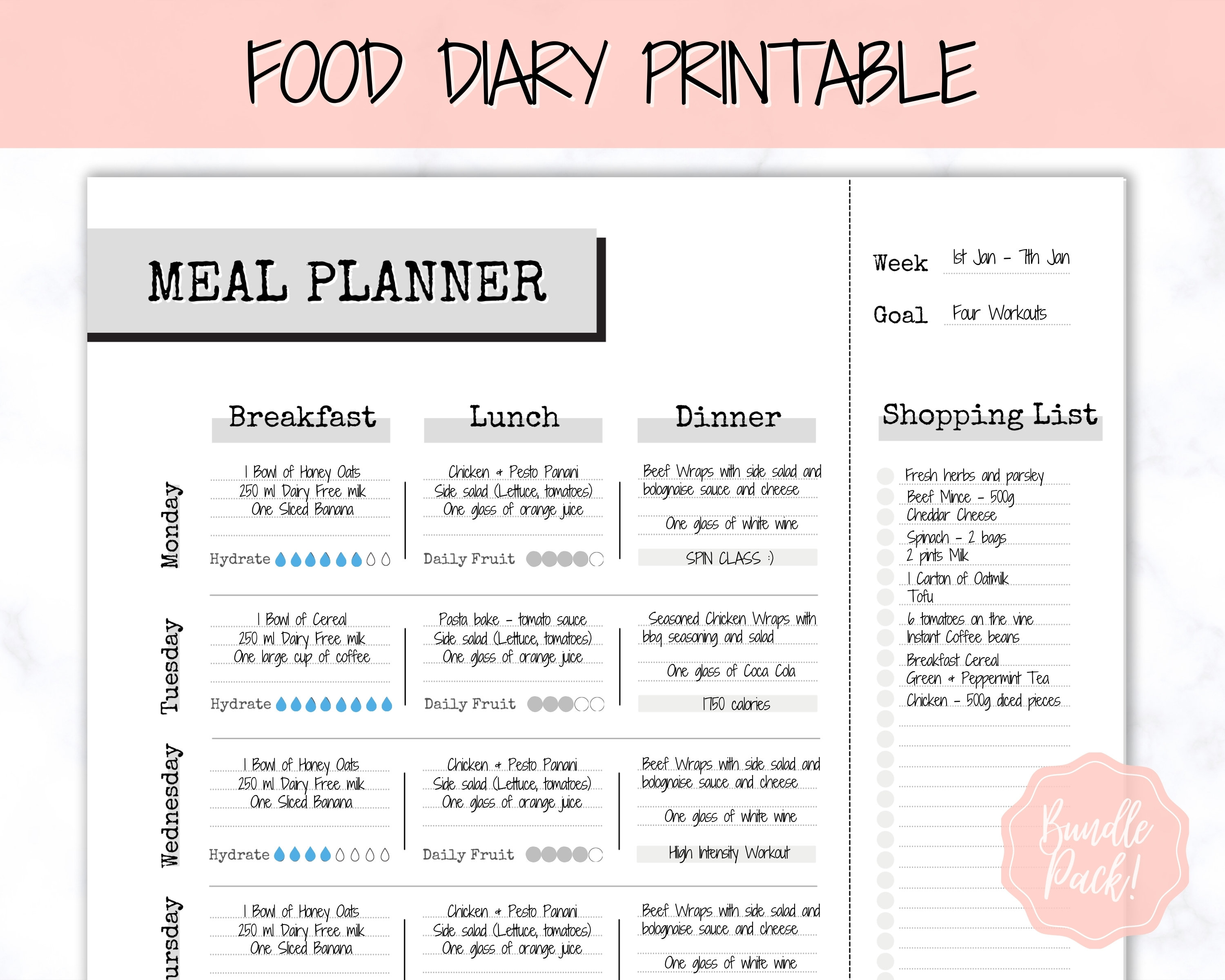 Meal Tracker Printable Weekly Food Diary Meal Planner Food | Etsy