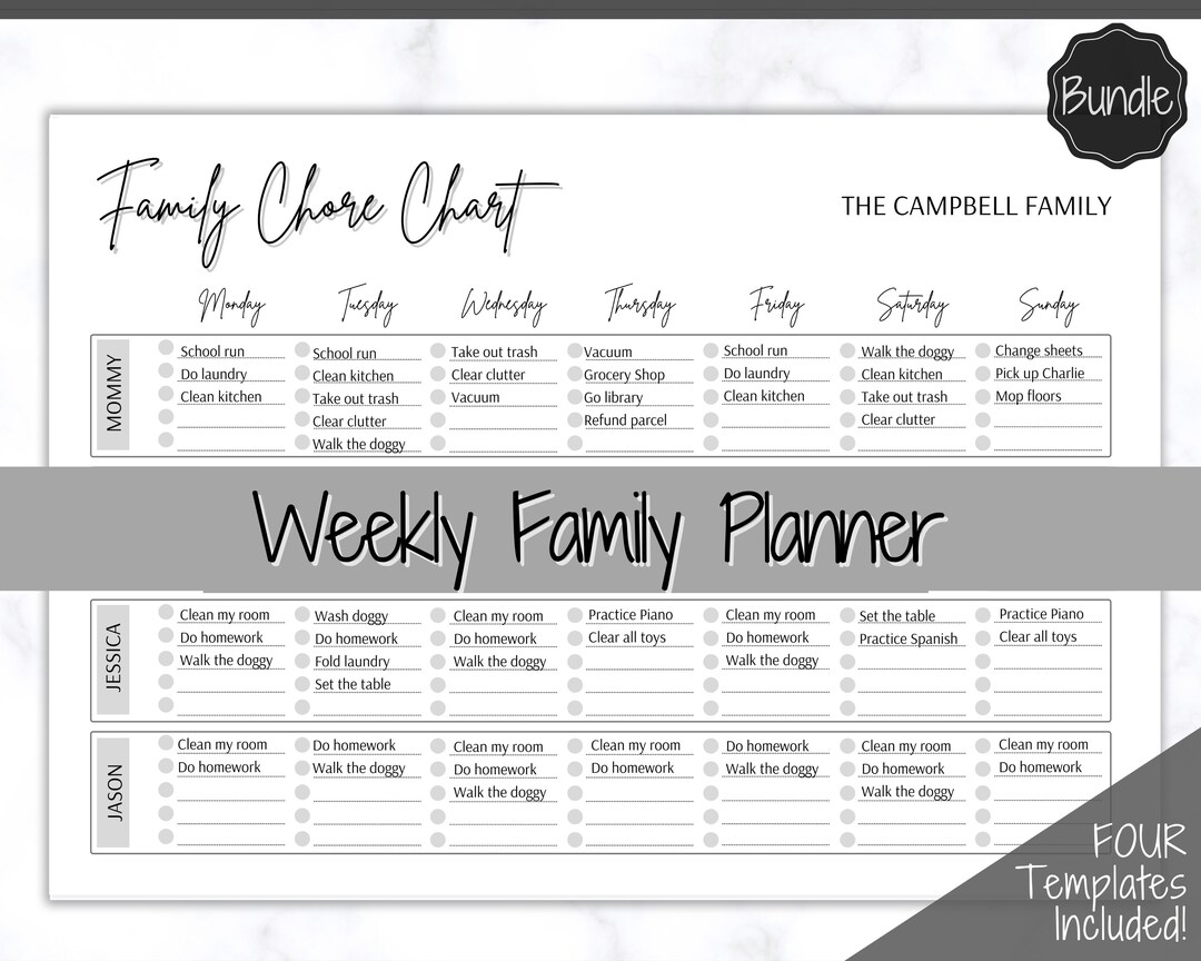 Family Chore Chart, Editable Family Planner Printable, Weekly Family ...