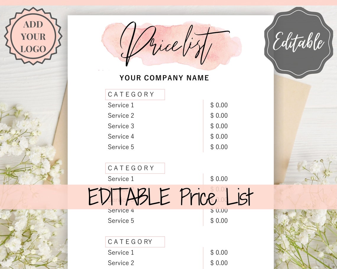 Editable PRICE LIST Template. Printable Price Sheet Price | Etsy UK