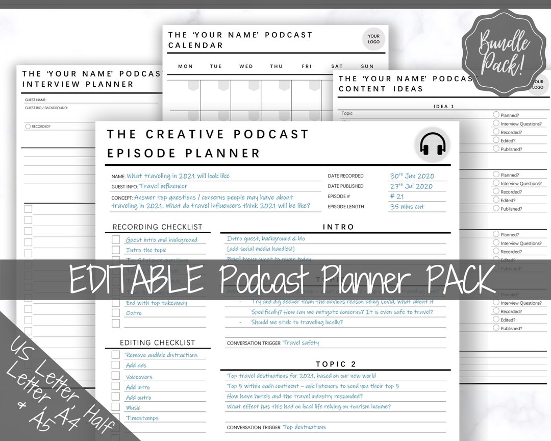 Editable Podcast Planner BUNDLE Pack. Podcast Template Content Calendar ...