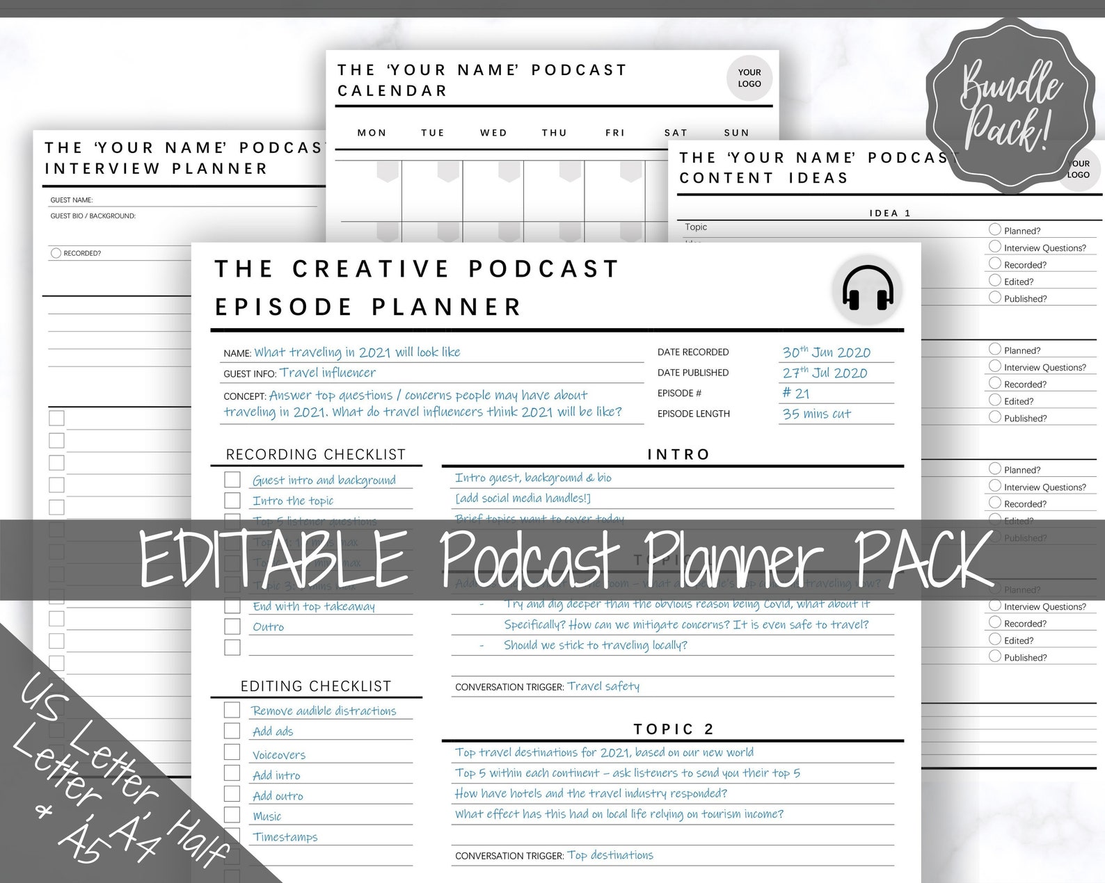 Editable Podcast Planner BUNDLE Pack. Podcast Template Content Calendar ...