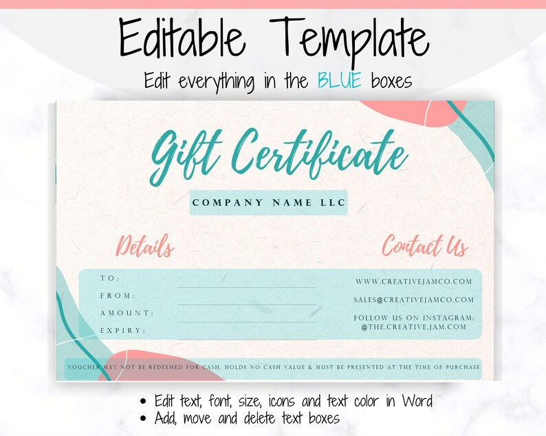 Gift Voucher Gift Certificate Template. Editable Gift Card | Etsy