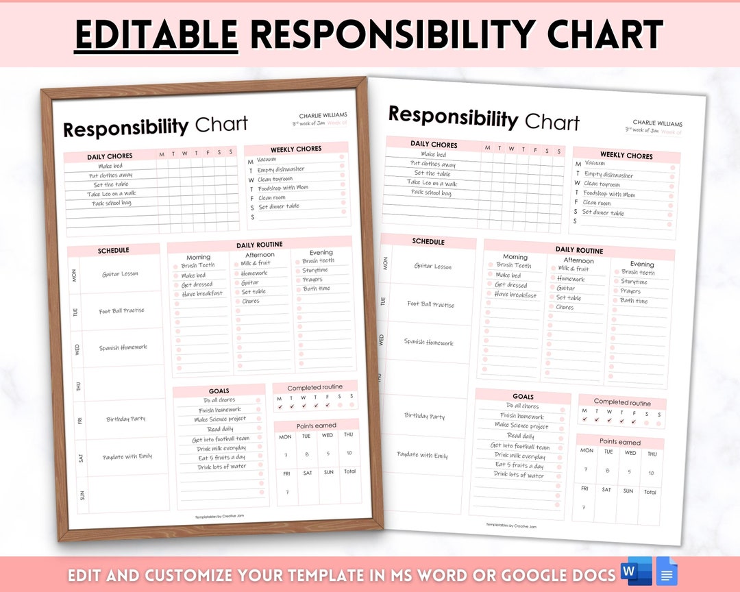 EDITABLE Responsibility Chart, Family Chore Chart, Reward Chart for ...