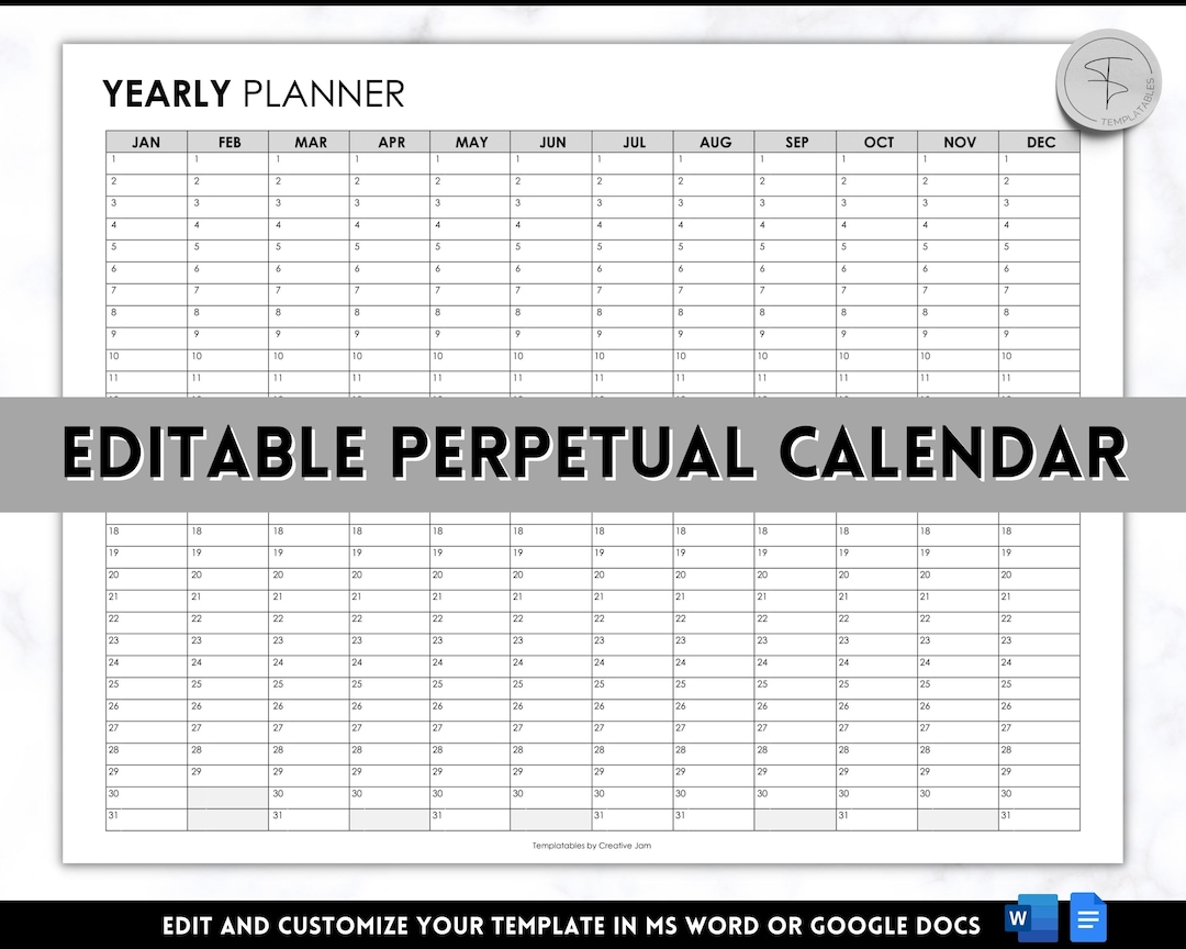 EDITABLE Perpetual Calendar, Undated Year at a Glance, Reusable ...