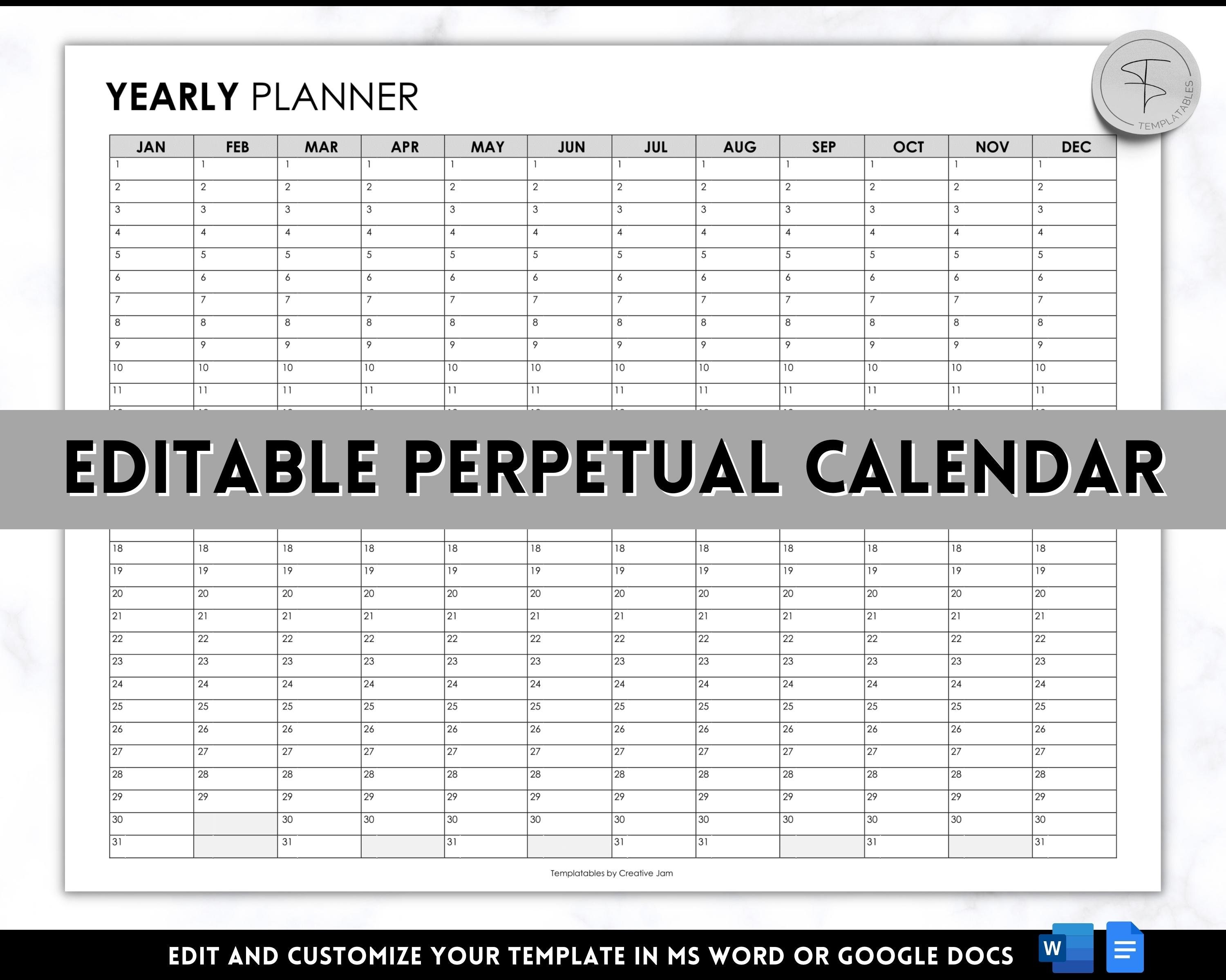 Perpetual Calendar, EDITABLE Yearly Overview, Undated Year at a Glance ...