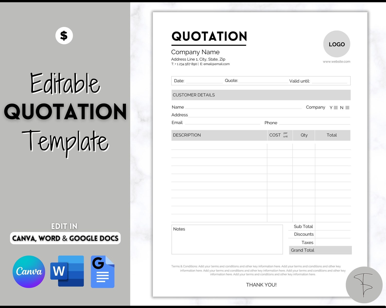 Quotation Template, EDITABLE Quote Form, Small Business, Invoice Order ...