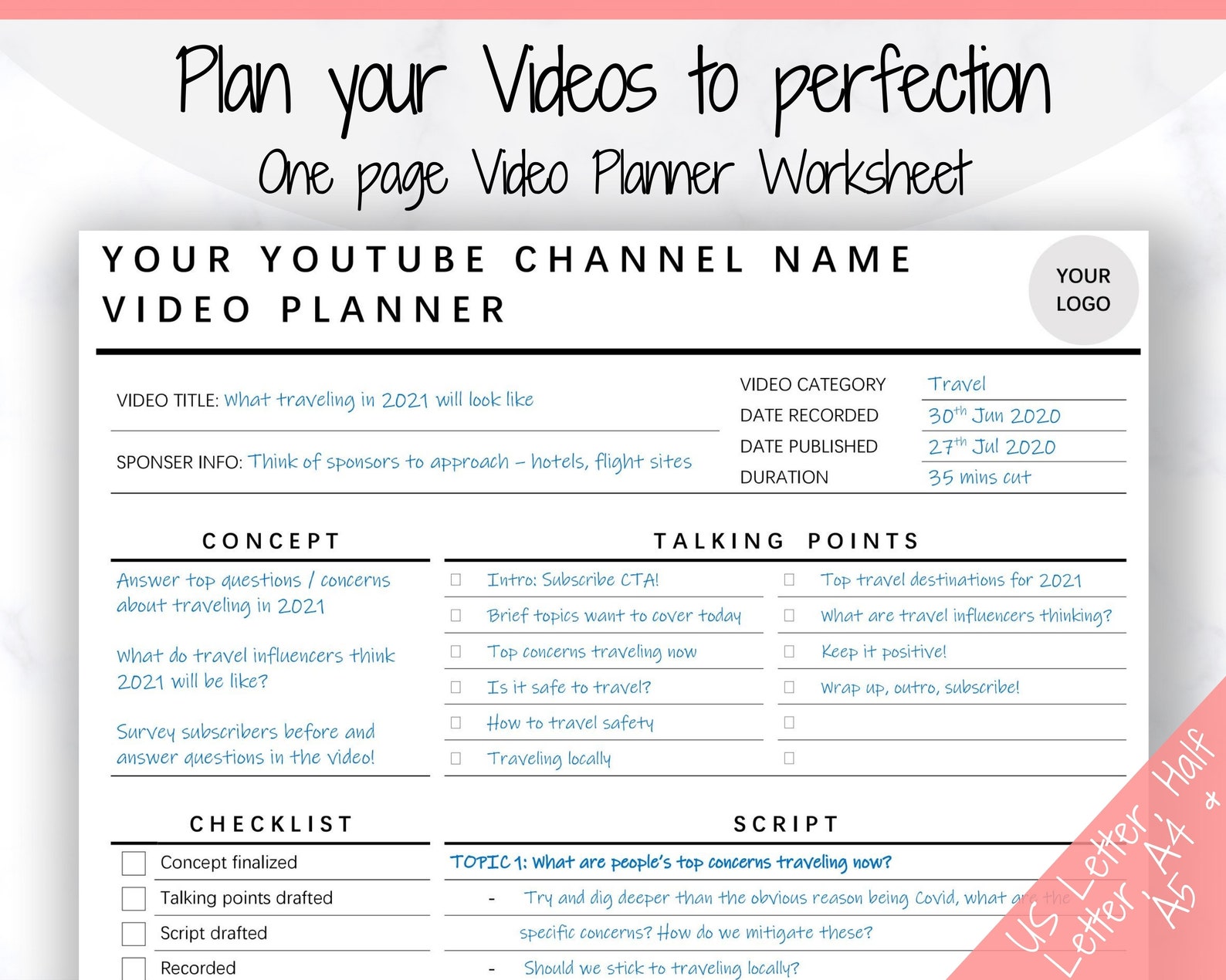 Youtube Planner, Video Planner, Social Media Content Calendar, EDITABLE ...