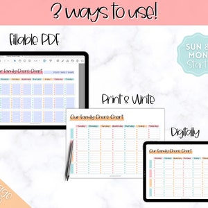 Colorful Family Chore Chart, Editable Family Planner Printable, Weekly ...