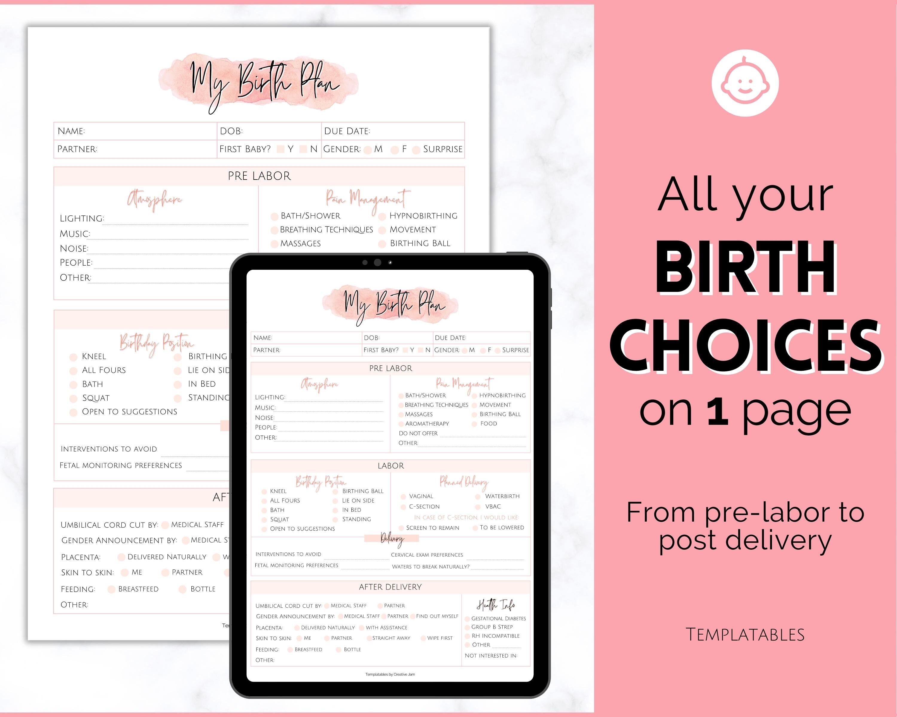 Birth Plan Template, Printable Birth Preferences, Birthing Plan ...