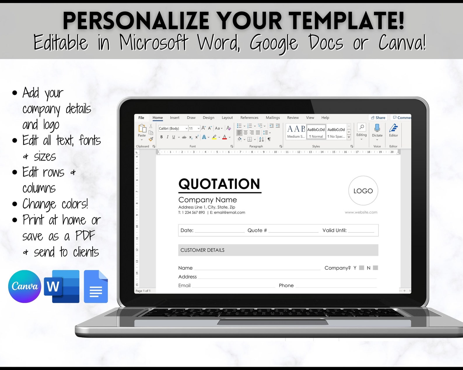 Quotation Template, EDITABLE Quote Form, Small Business, Invoice Order ...