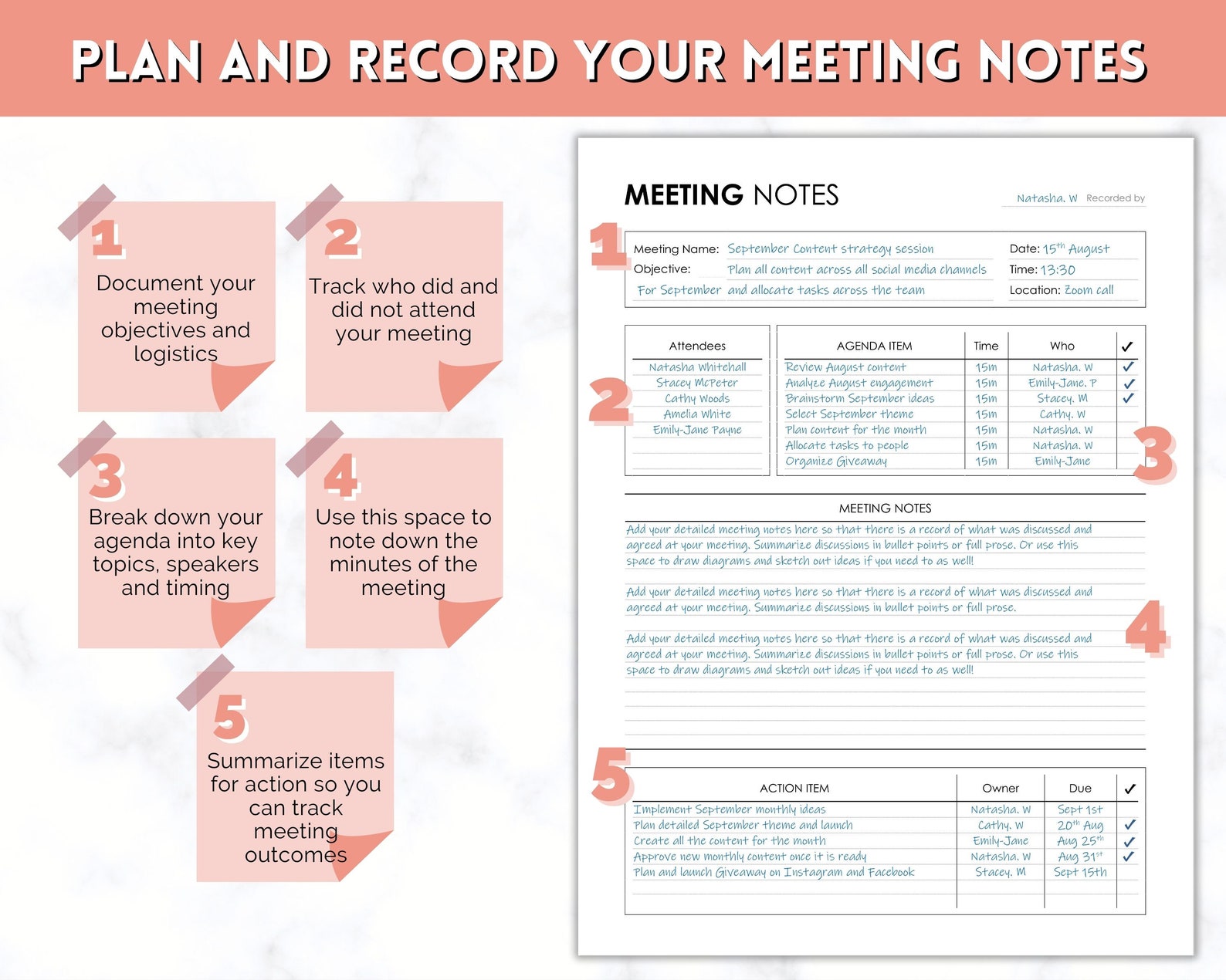 Meeting Notes Template, Editable Meeting Minutes, Printable Business ...