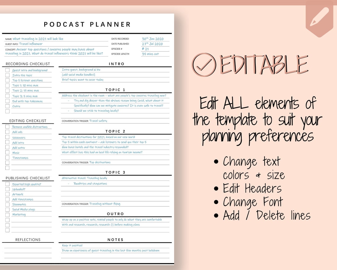 EDITABLE Podcast Planner Template Podcast Checklist Content | Etsy