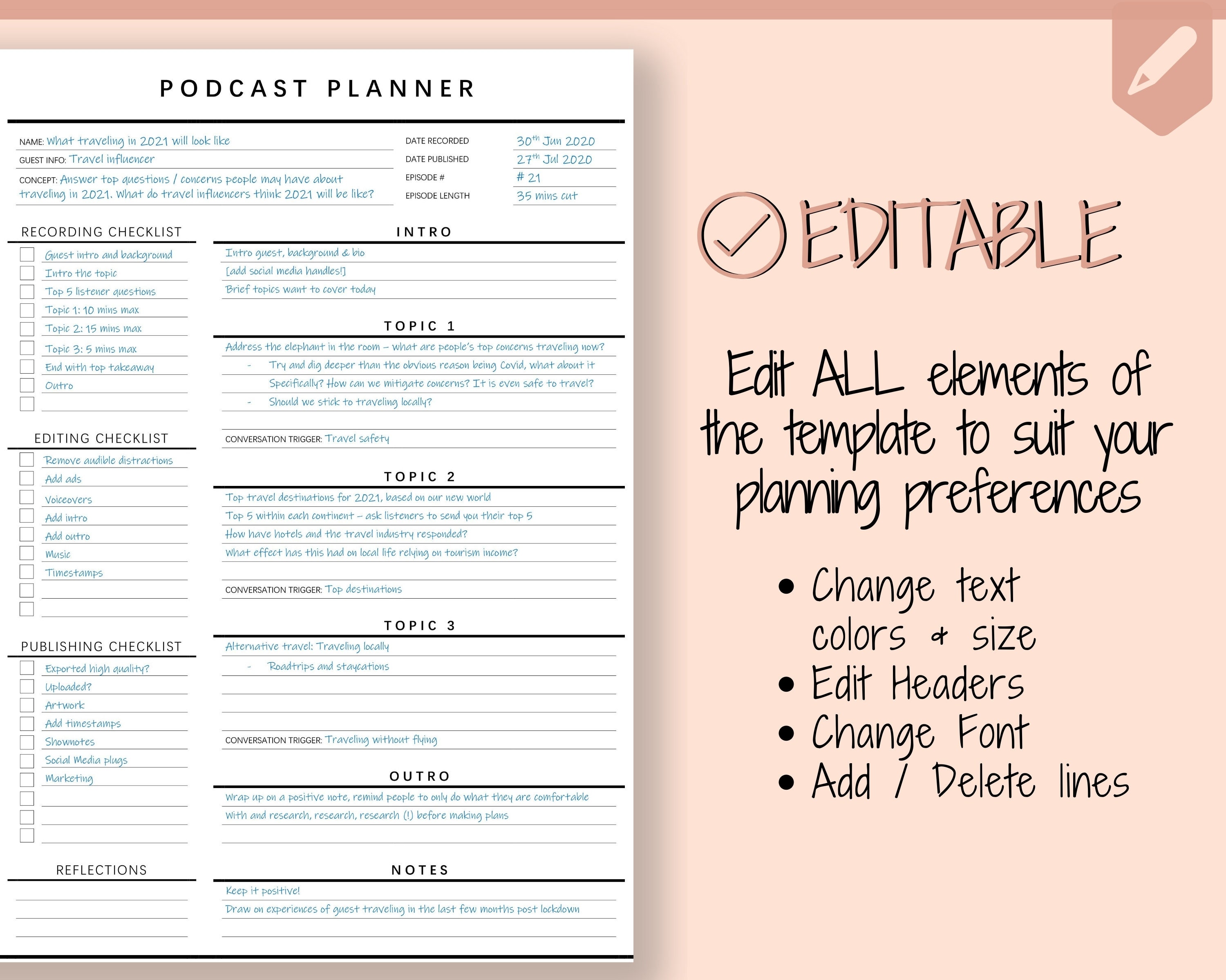 Podcast Planner, EDITABLE Podcast Template Content Calendar, Podcast ...