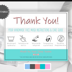 EDITABLE Face Mask Label Care Card, THANK YOU for Your Order Card, Face ...