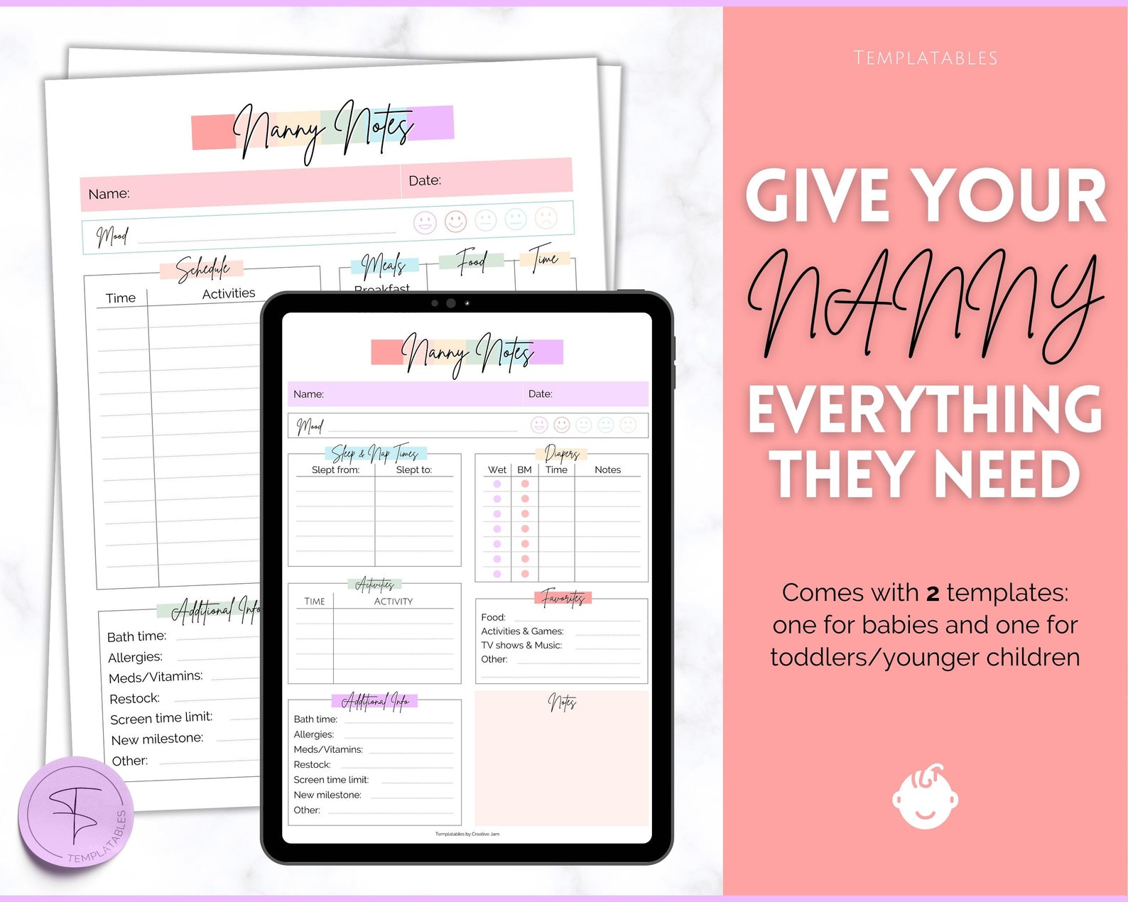 Nanny Schedule, Nanny Notes & Report Template for Baby, Babysitter Info ...