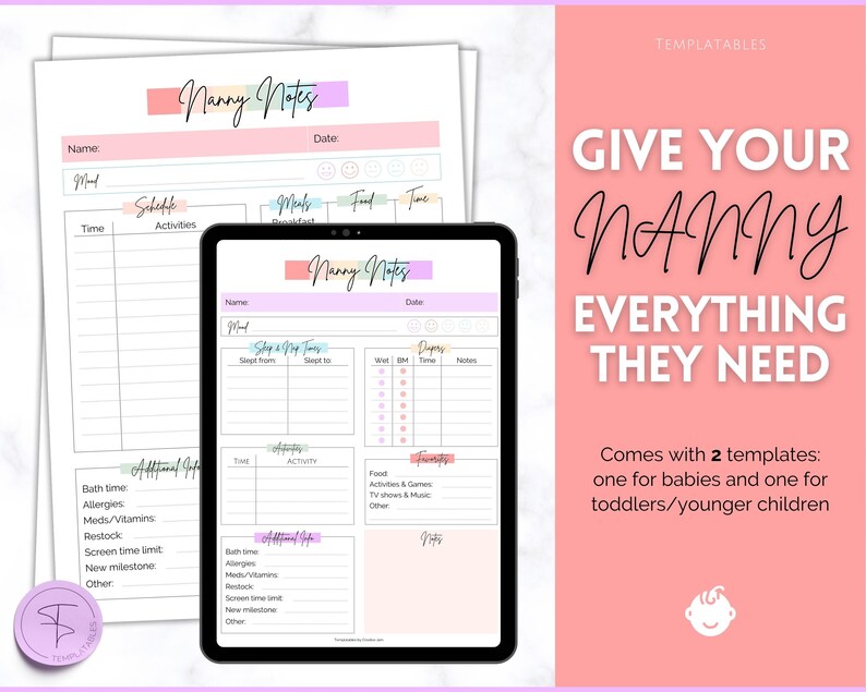 Nanny Schedule, Nanny Notes & Report Template for Baby, Babysitter Info ...