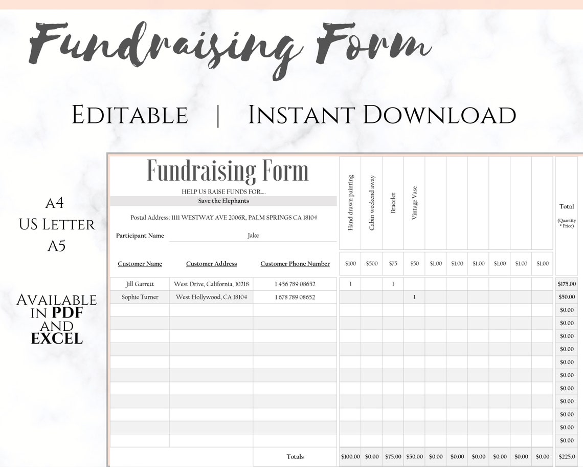 EDITABLE Fundraising Form | Fundraiser | Charitable Donation Tracker ...
