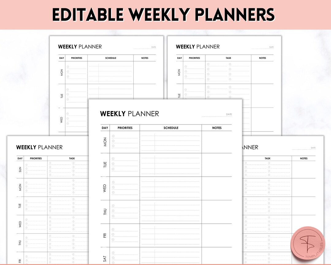 EDITABLE Weekly Planner Templates, Week at a Glance, Weekly Schedule ...