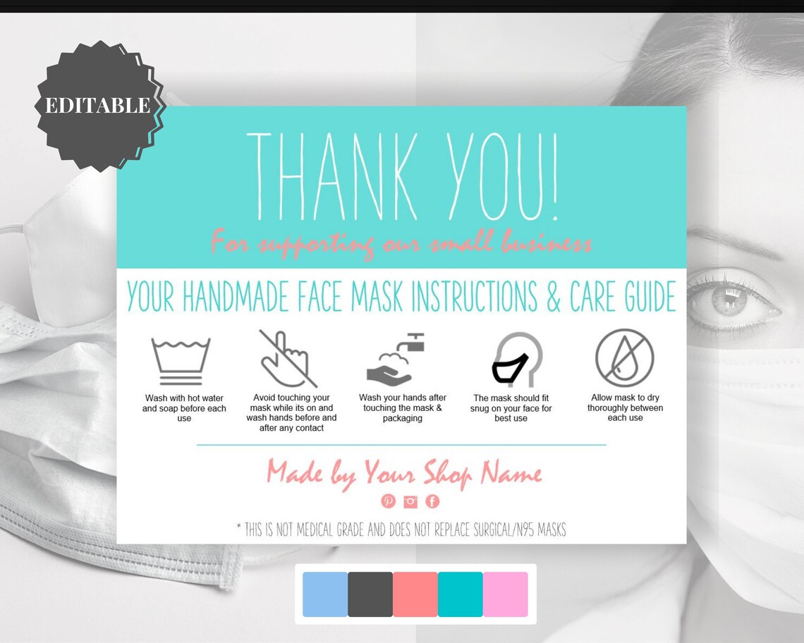 EDITABLE Face Mask Label Care Card THANK YOU for Your Order - Etsy