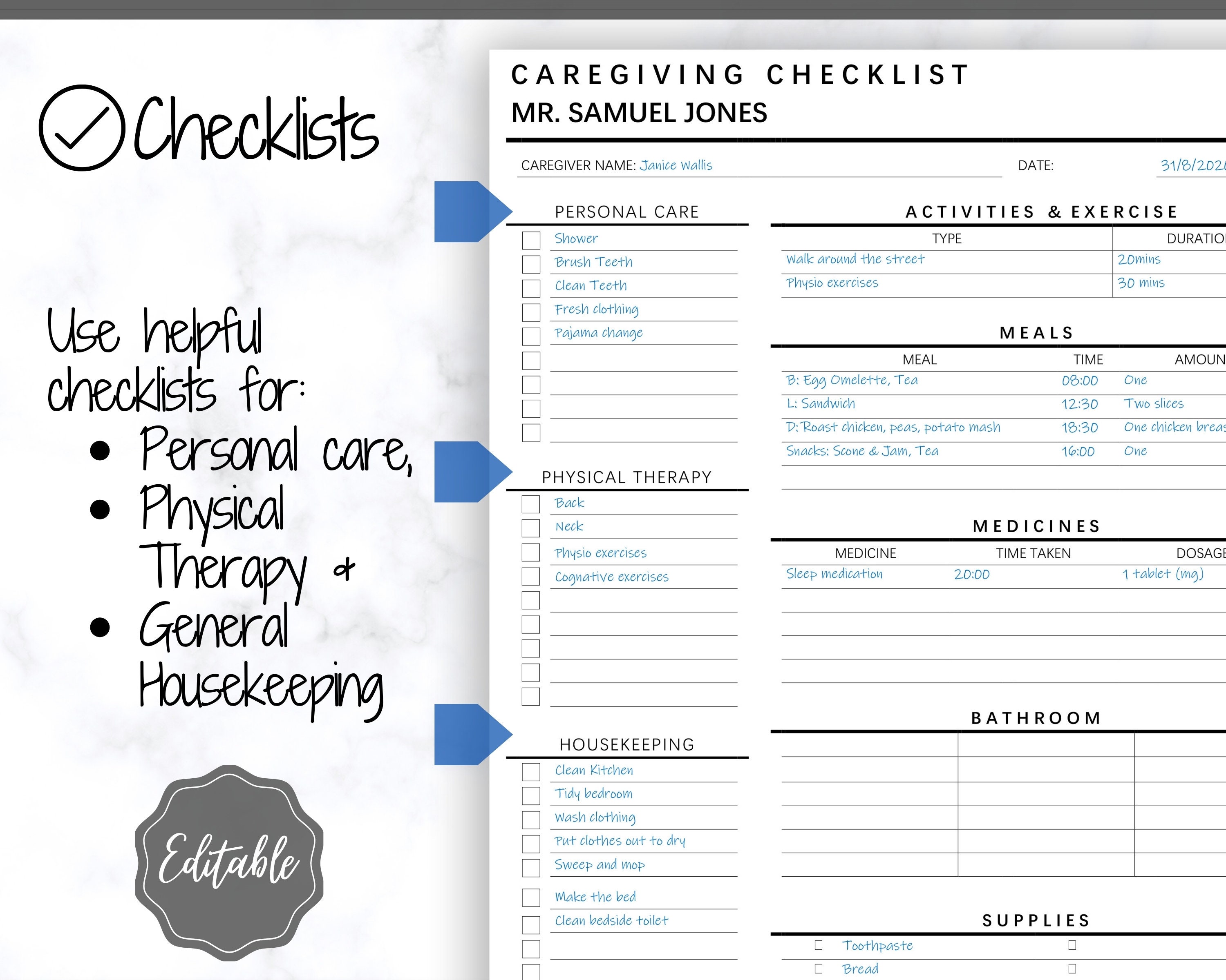 Caregiving Elderly Care Checklist. EDITABLE Printable is Ideal for ...
