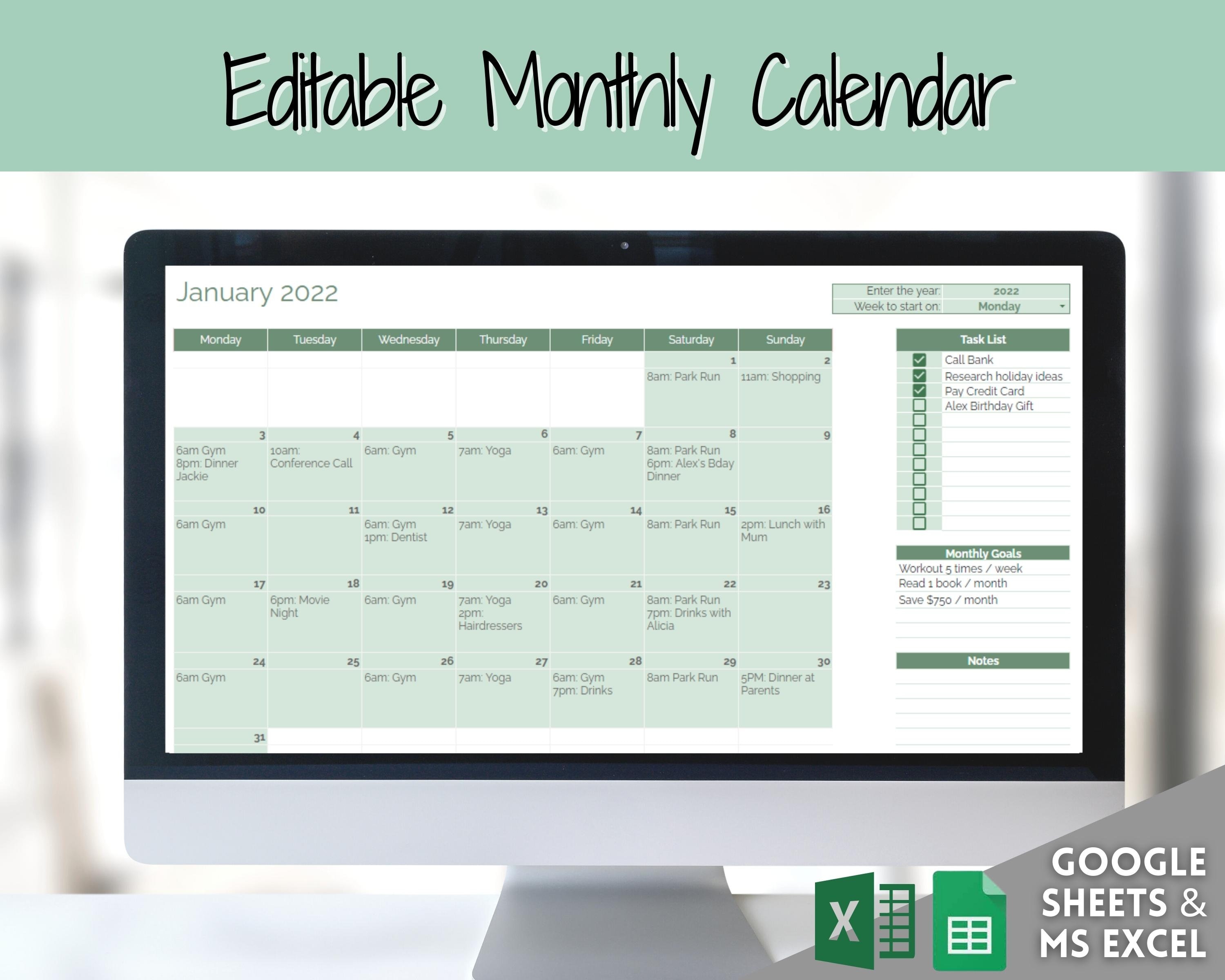 EDITABLE Monthly Calendar Monthly Planner Template Automated - Etsy UK