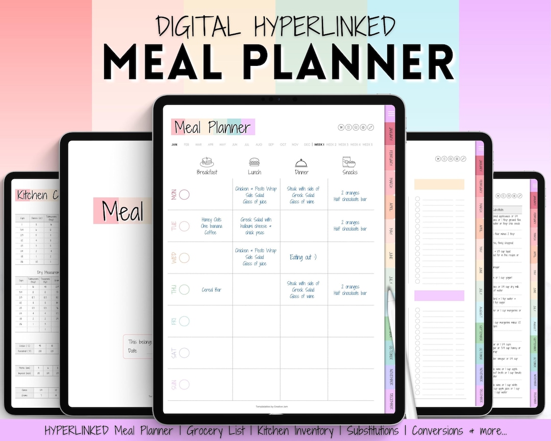 Digital MEAL Planner, Colorful Weekly Meal Planner, Meal Plan Template ...