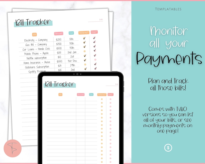 Bill Payment Tracker, Printable Monthly Bill Organizer & Checklist ...
