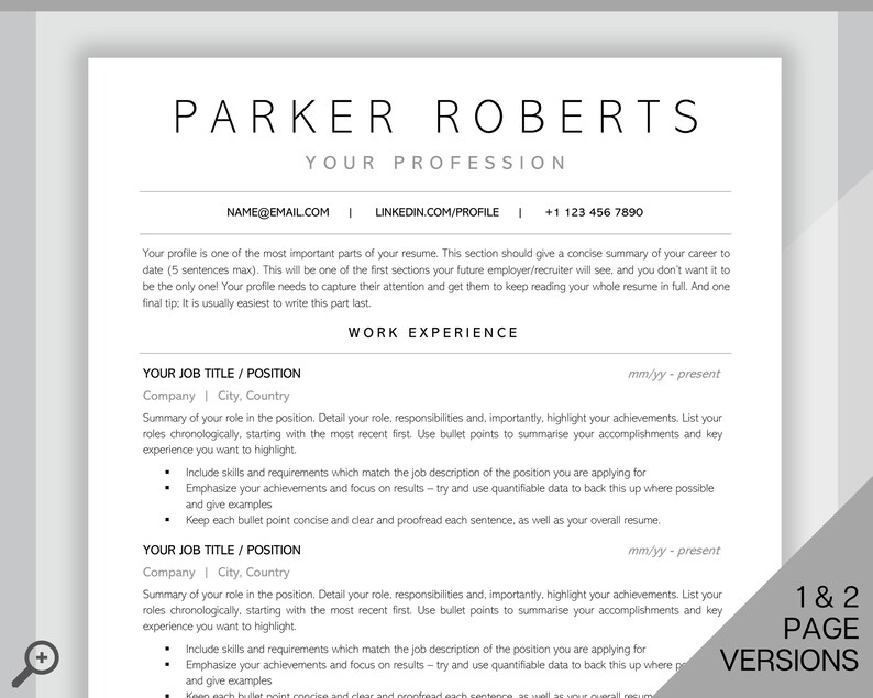 ONE Page Resume Template Word. CV Template Professional Cv - Etsy UK