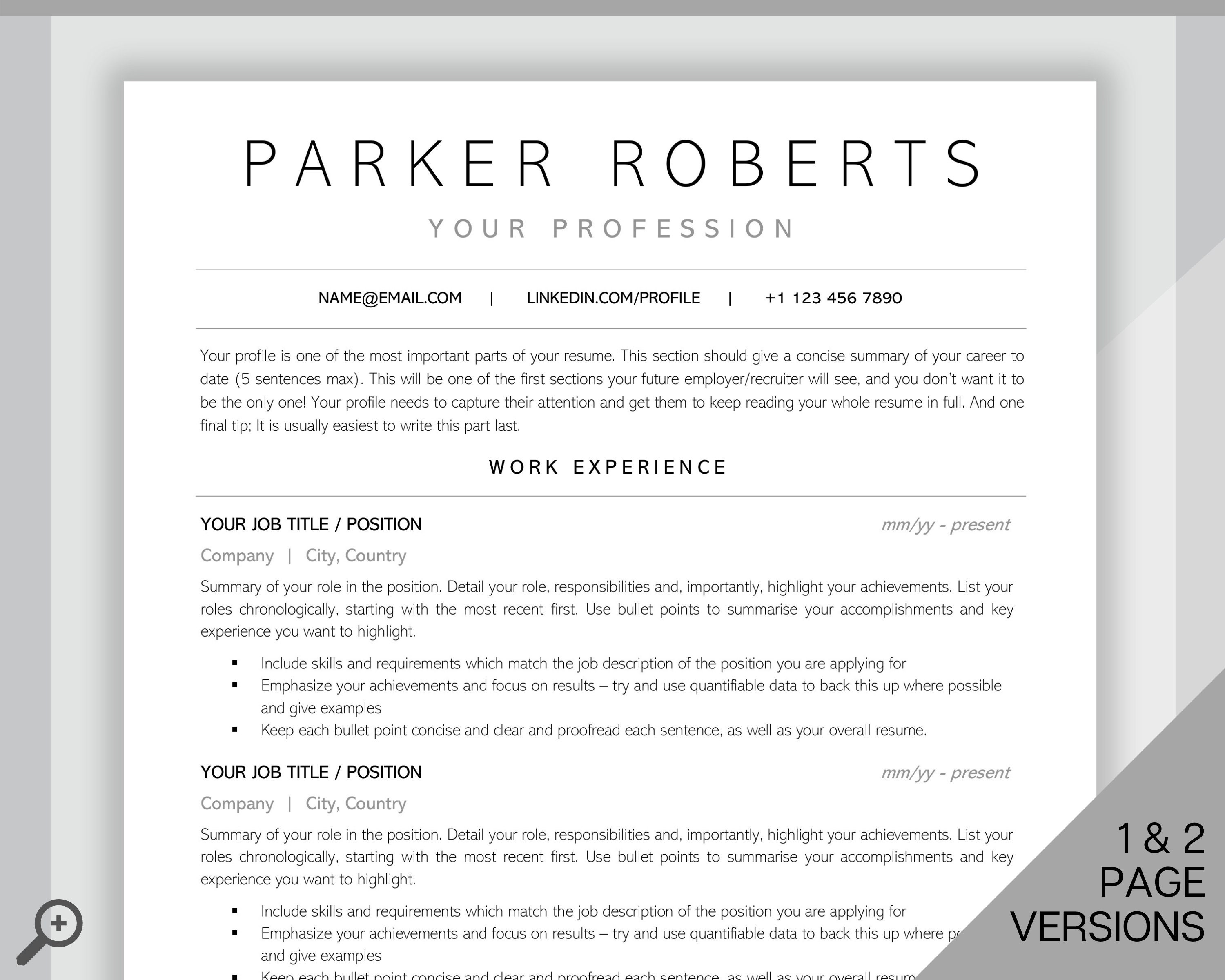 ONE Page Resume Template Word. CV Template Professional Cv - Etsy UK