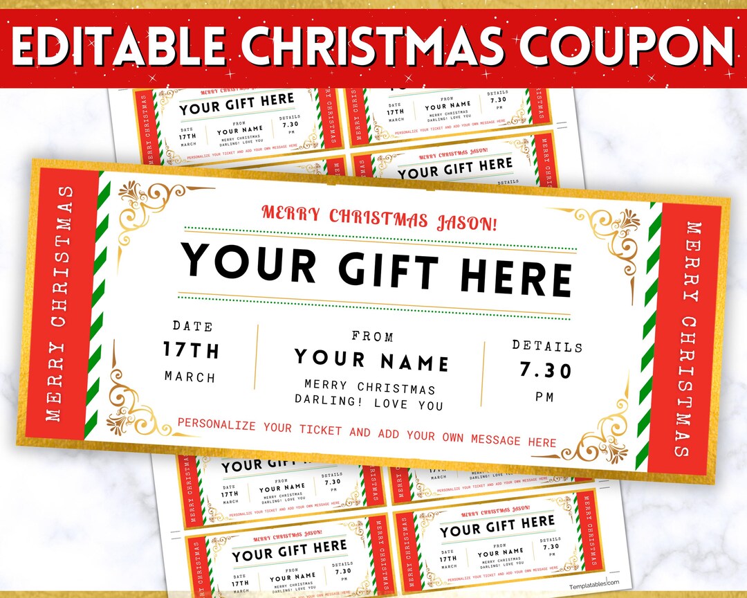Event Ticket Template, EDITABLE Christmas Coupon, DIY Event Printable, Surprise Getaway ...
