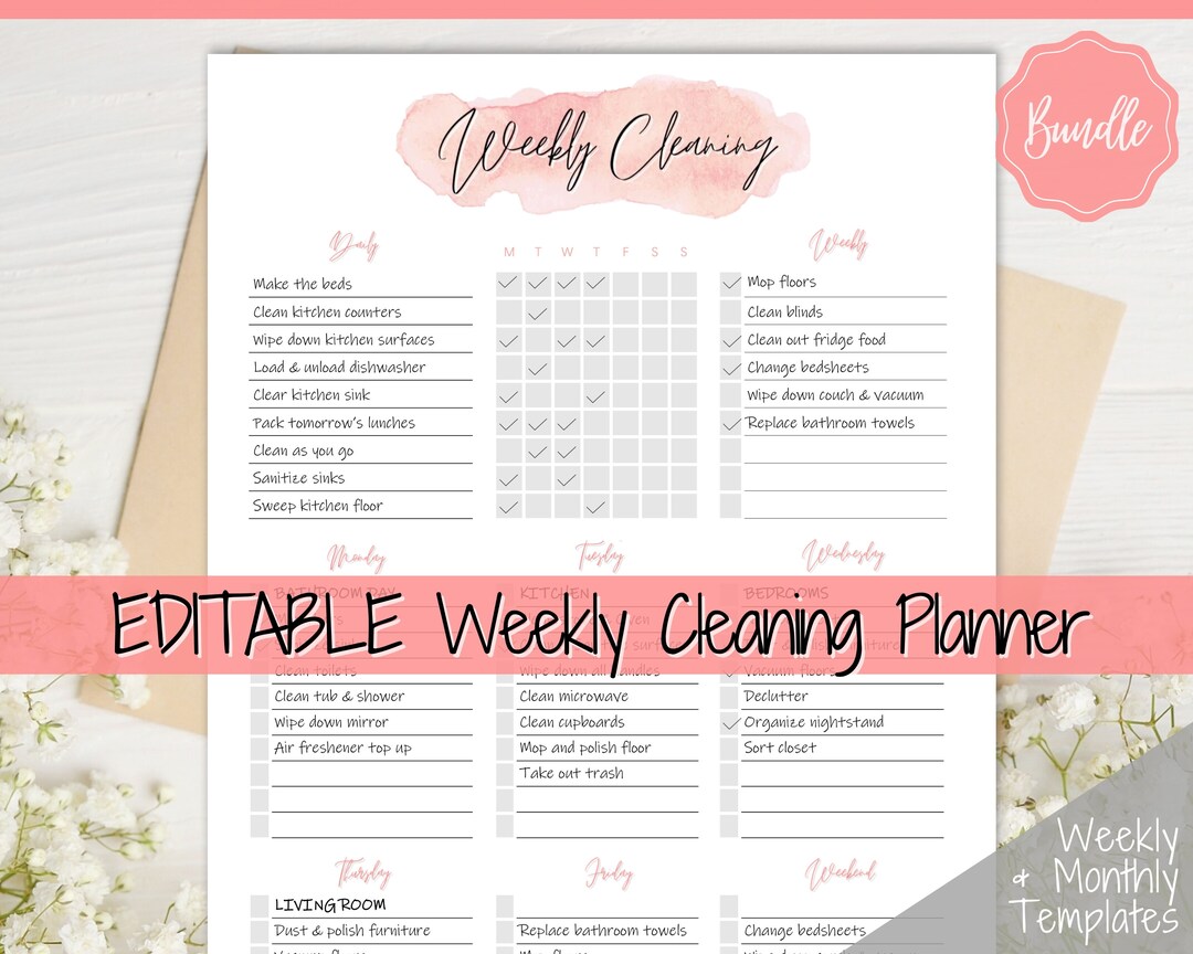 Weekly Cleaning Checklist, EDITABLE Schedule, Cleaning Planner, Weekly ...