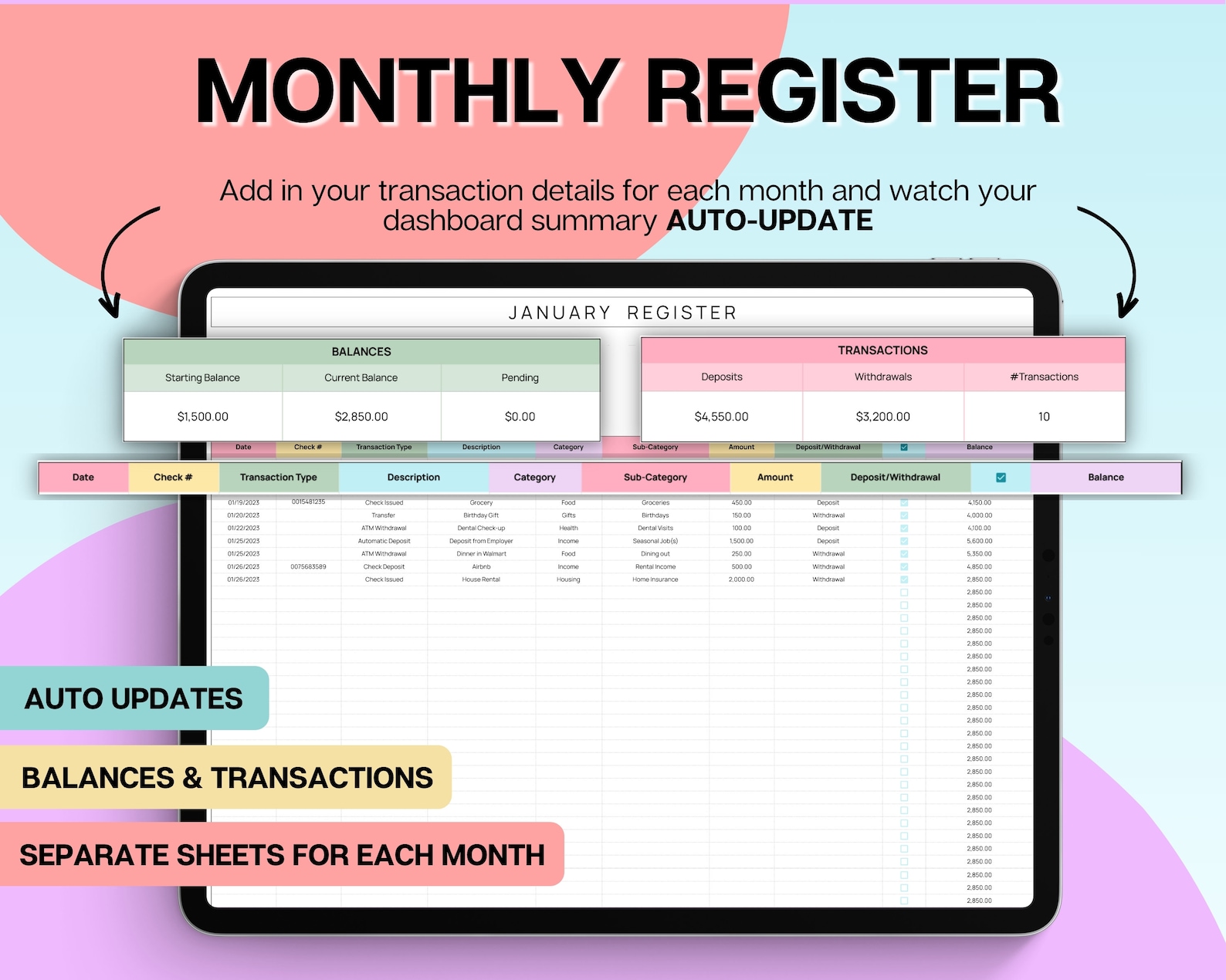 Checkbook Register Spreadsheet, Google Sheets Check Register, Bill ...