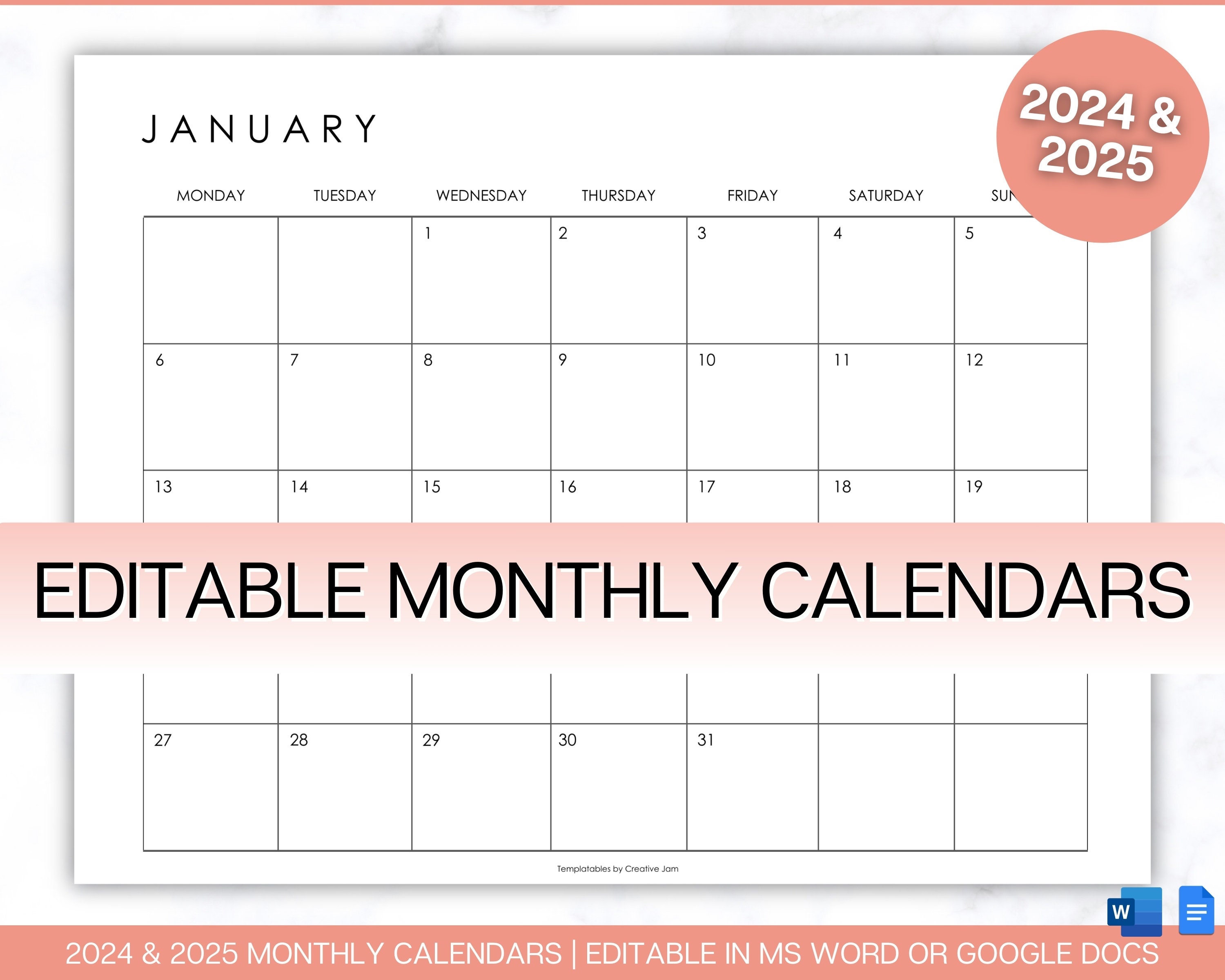 EDITABLE Monthly Calendar Template | 2024 & 2025 Included! Editable ...