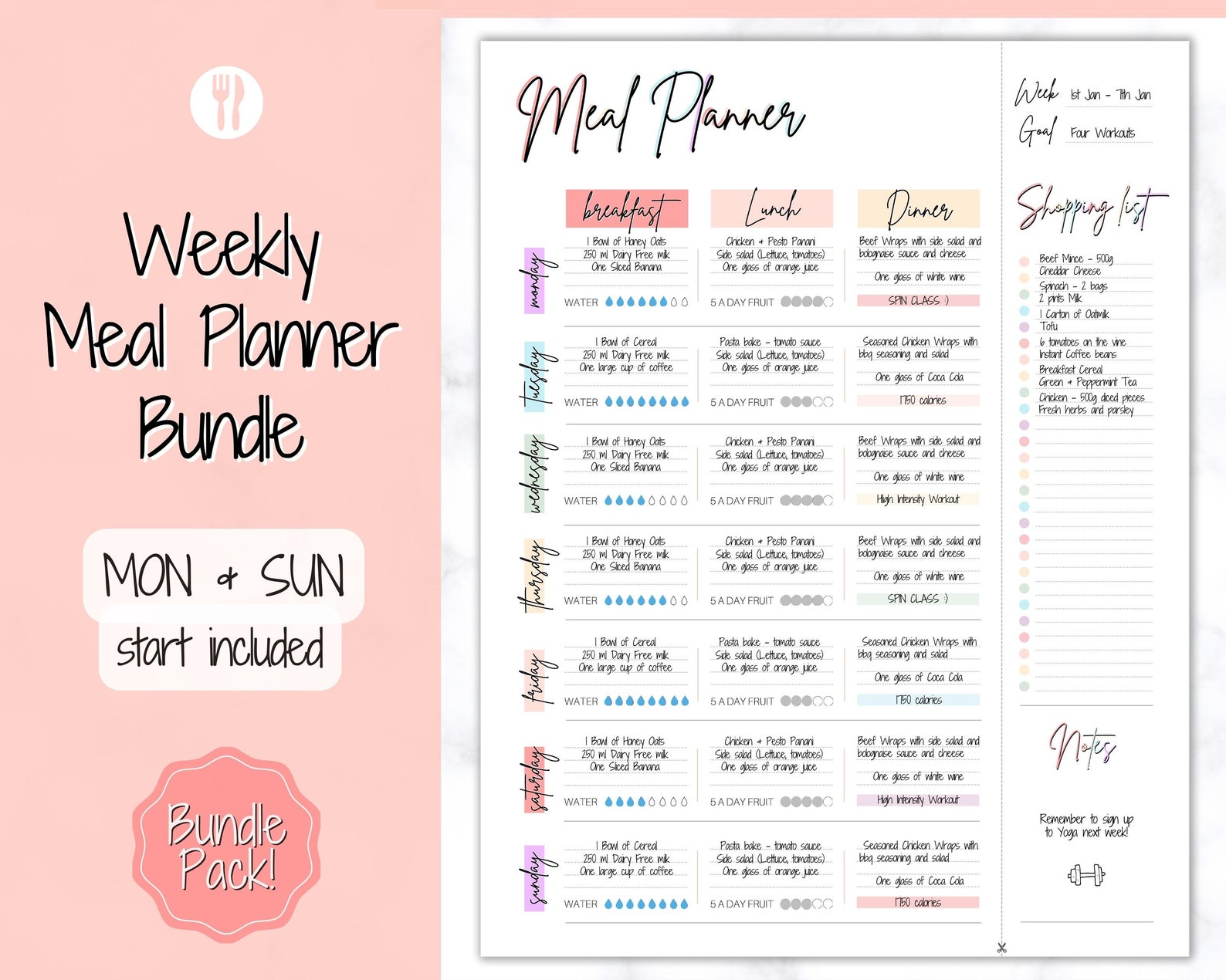 Colorful Meal Planner Printable BUNDLE Weekly Food Diary | Etsy