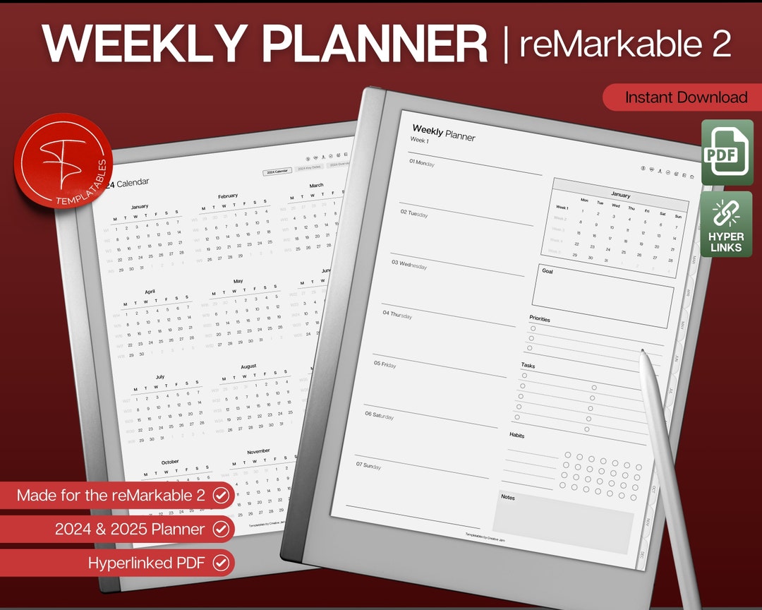 Remarkable 2 Templates 2024 Weekly Planner, Remarkable Digital Planner ...