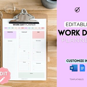 Editable Work Day Organizer, Daily Planner, Work From Home to Do List ...