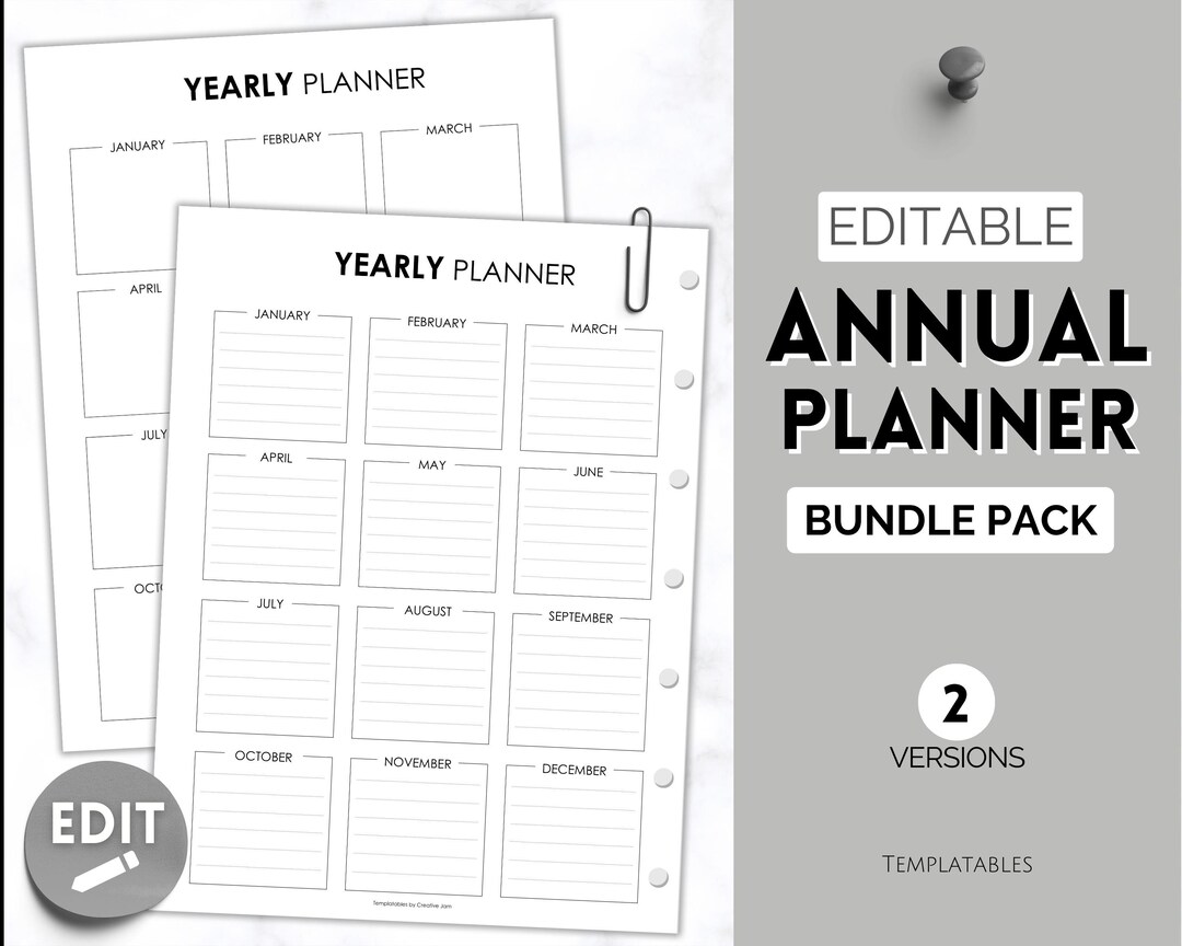 Editable Yearly Planner, Year at a Glance, Undated Annual Planner, to ...