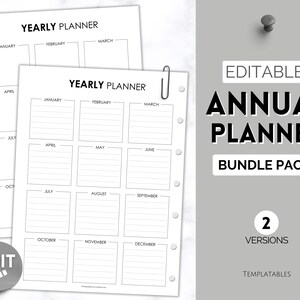 Editable Yearly Planner, Year at a Glance, Undated Annual Planner, to ...