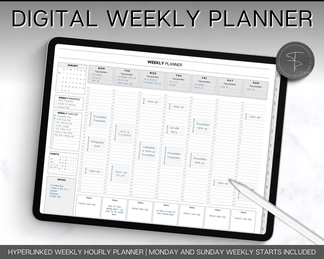 WEEKLY Hourly Digital Planner, 2024 Digital Planner, iPad Planner ...