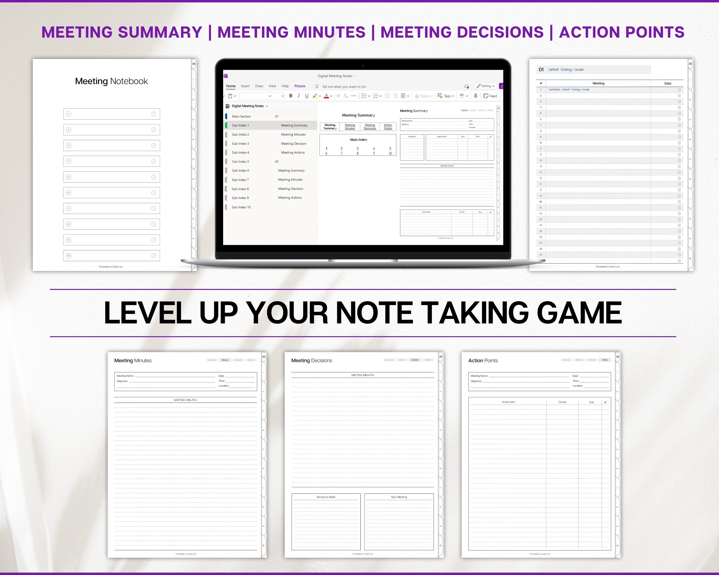 Onenote Meeting Notes Template, Editable Meeting Minutes, Digital ...