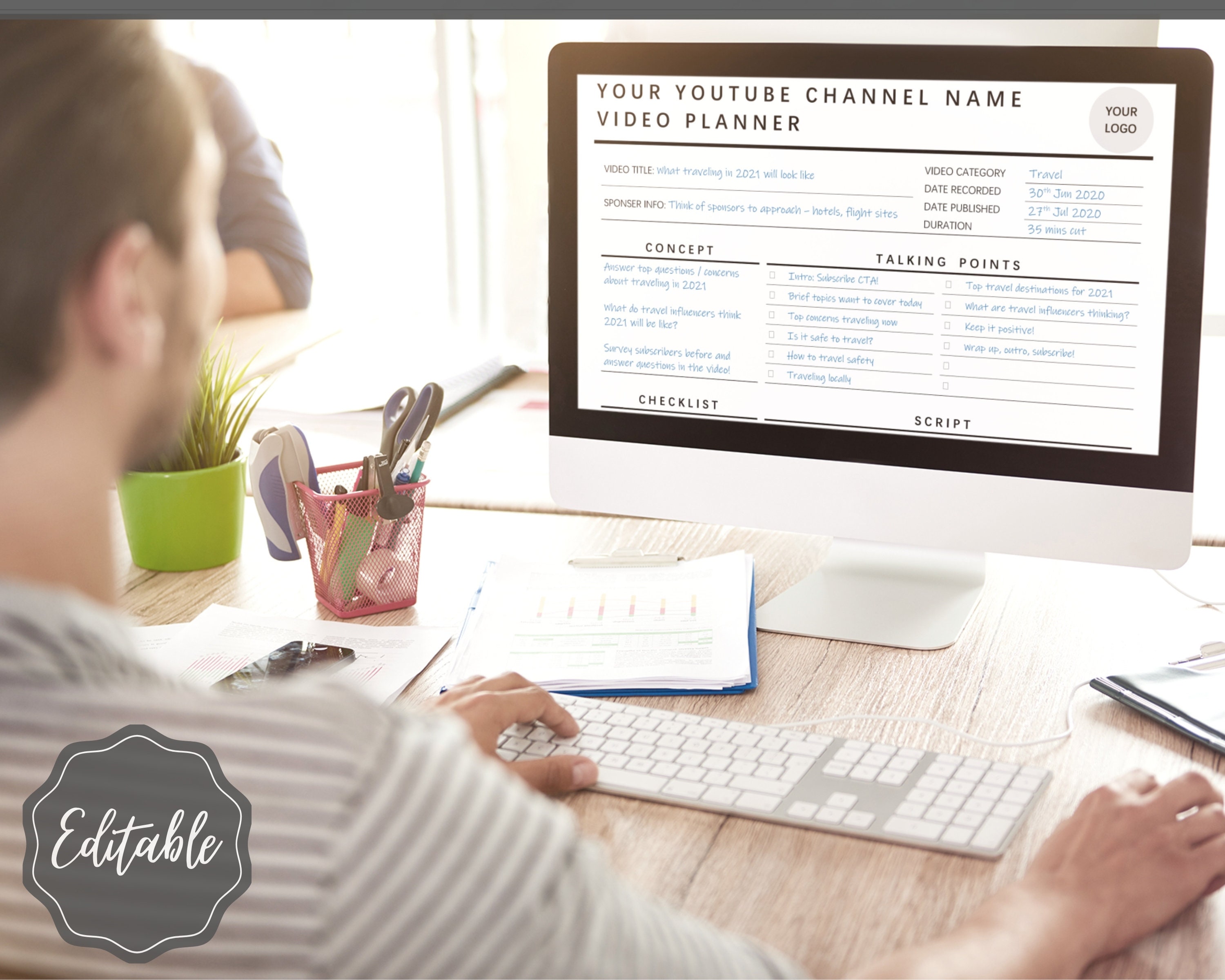 Youtube Planner, Video Planner, Social Media Content Calendar, EDITABLE ...