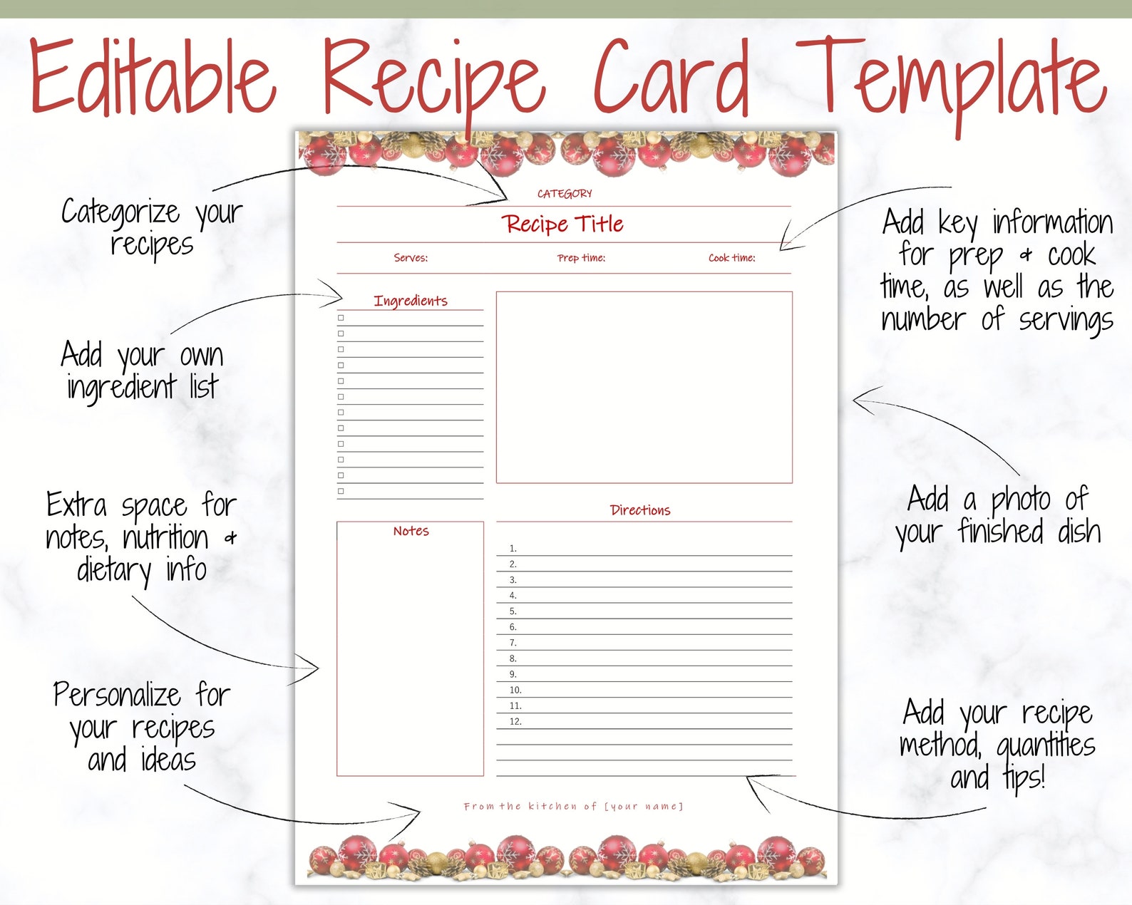 CHRISTMAS Recipe Sheet Template, EDITABLE Recipe Book Template, Recipe ...