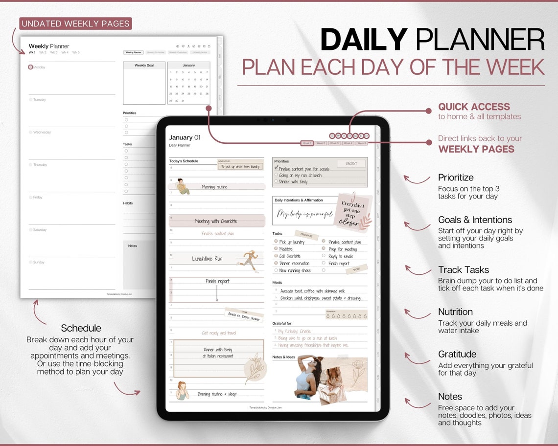 UNDATED Digital DAILY Planner, Weekly, Monthly Planner, Undated Life ...