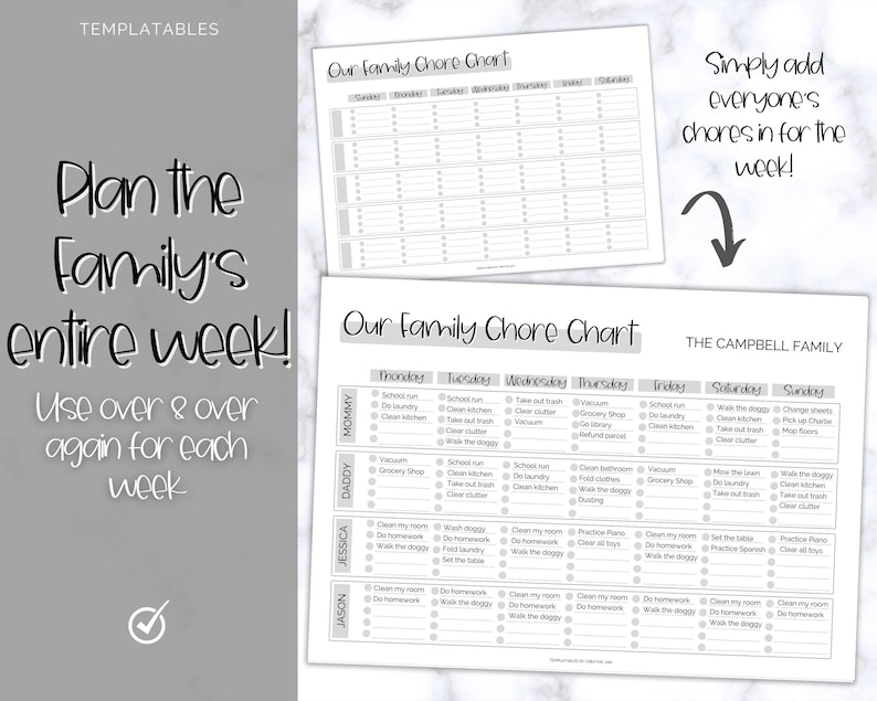 Family Chore Chart, Editable Family Planner Printable, Weekly Family ...