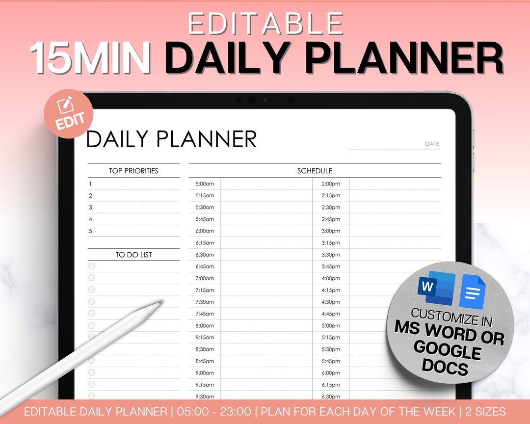 EDITABLE 15 Minute Planner, 15 Minutes Daily Planner, 15 Minute Tracker ...