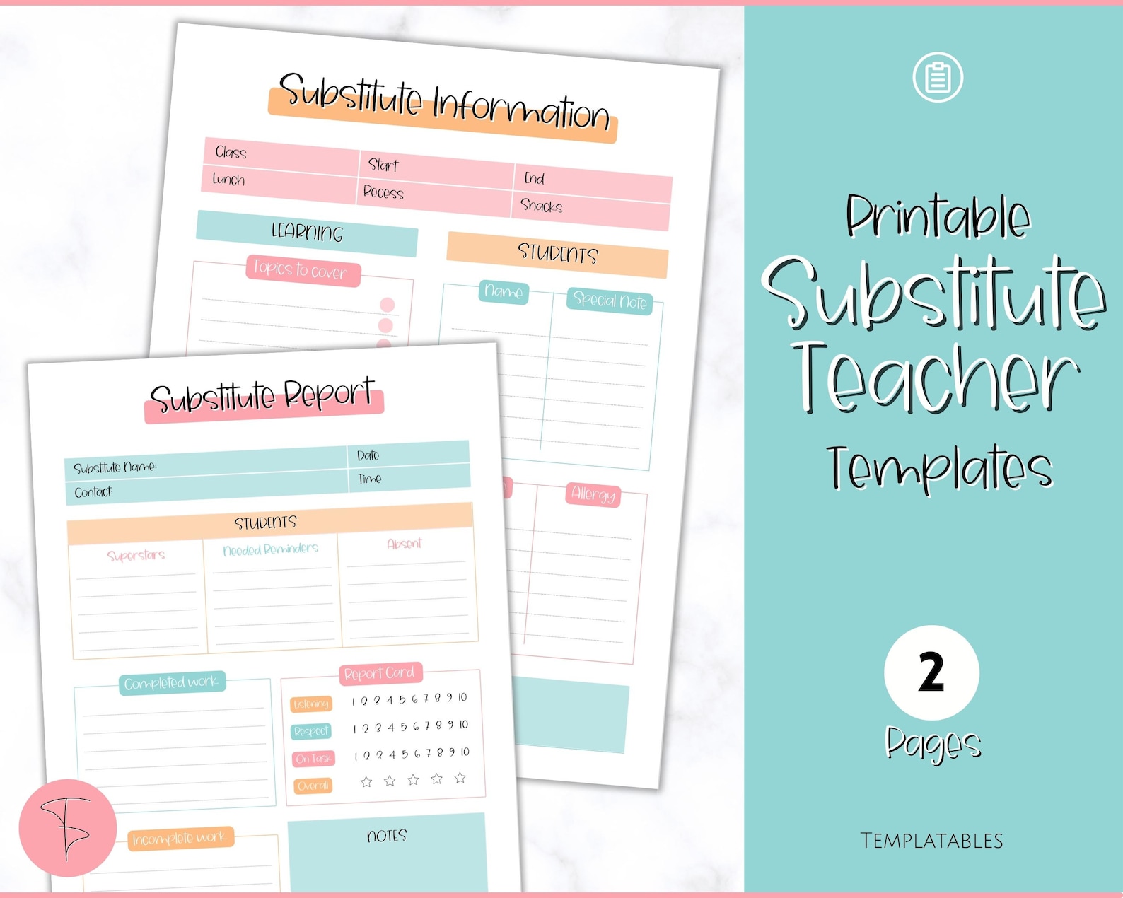 Substitute Teacher Note Printable Teacher Planner Template - Etsy