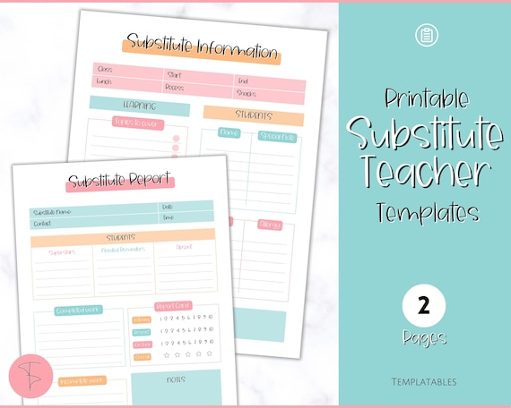 Substitute Printable Teacher Note Teacher Planner Template - Etsy